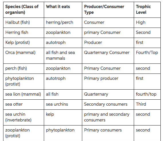 Solved Species (Class of What it eats Producer/Consumer | Chegg.com
