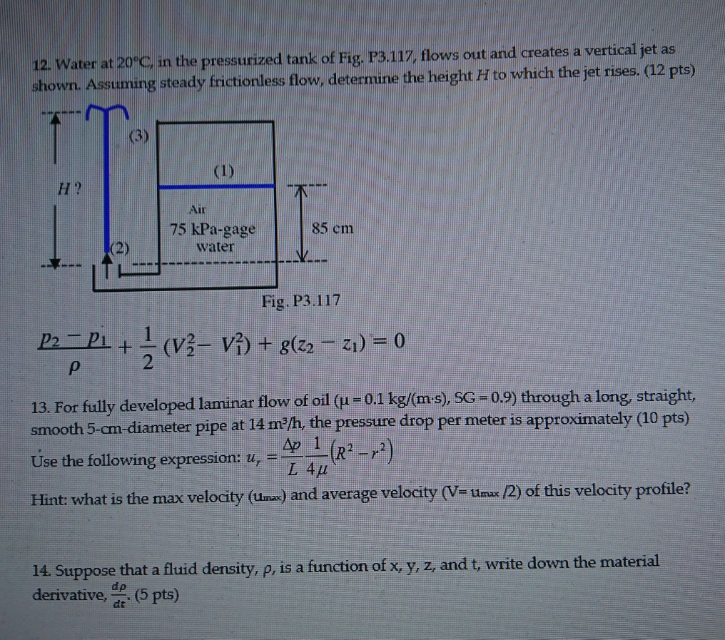Solved 12. Water at 20 C in the pressurized tank of Fig | Chegg.com