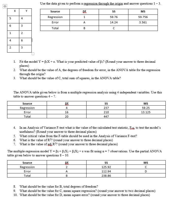 Solved Use the data given to perform a regression through | Chegg.com