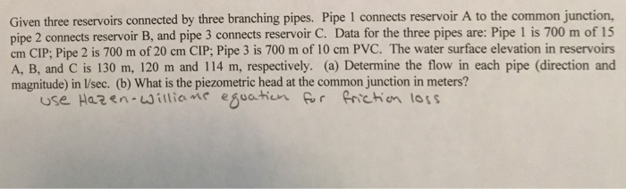 Solved Given three reservoirs connected by three branching | Chegg.com