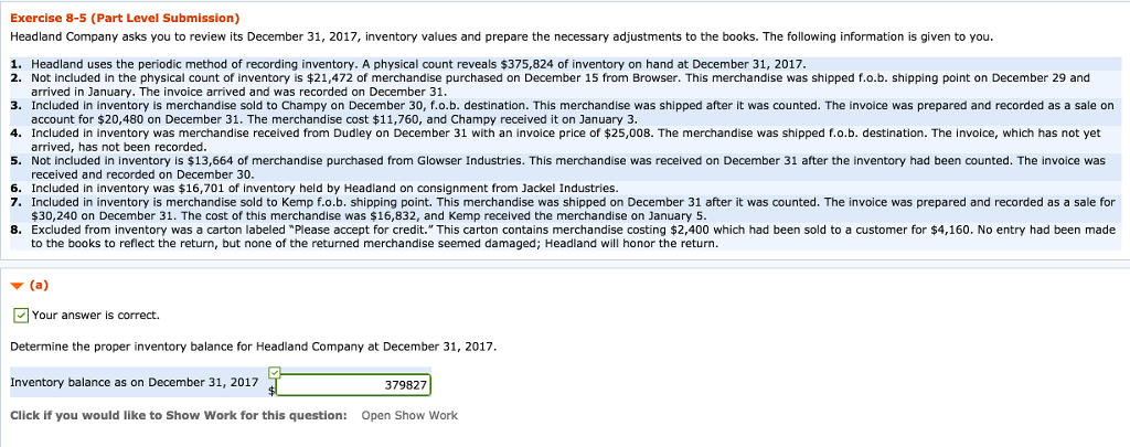 Solved Exercise 8-5 (Part Level Submission) Headland Company | Chegg.com