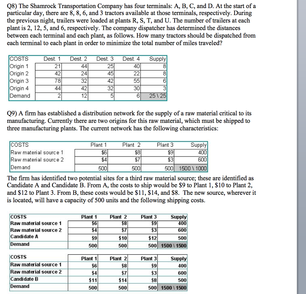 Solved Q8) The Shamrock Transportation Company has four | Chegg.com
