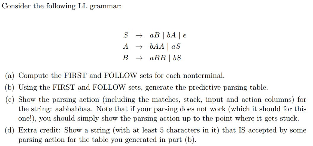 Solved Consider the following LL grammar (a) Compute the | Chegg.com Solved Consider the following LL grammar (a) Compute the | Chegg.com