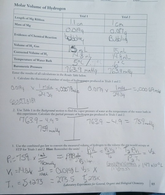 Solved Molar Volume of Hydrogen Trial 1 Trial 2 Length of Mg | Chegg.com
