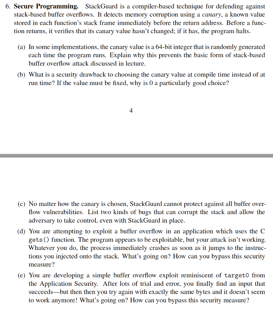 6. Secure Programming. StackGuard is a compiler-based | Chegg.com