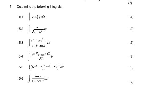 Solved Determine the following integrals: 5.1 integral | Chegg.com