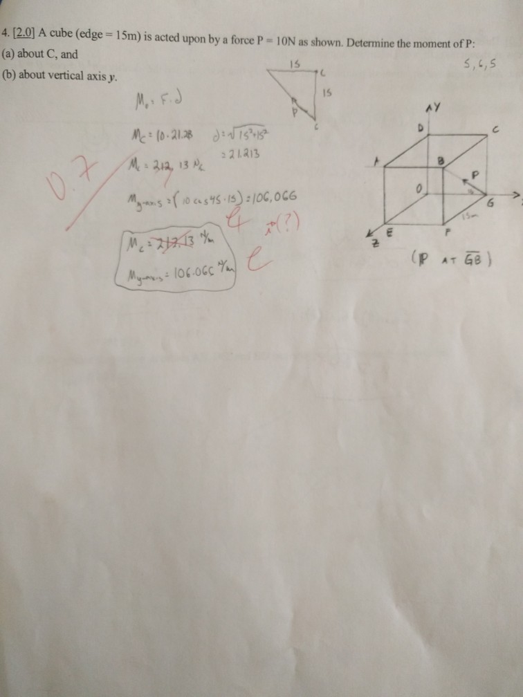 Solved 4. [20] A cube (edge-15m) is acted upon by a force P | Chegg.com