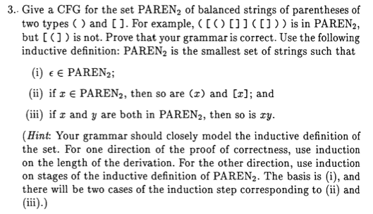 Give a CFG for the set PAREN2 of balanced strings of | Chegg.com