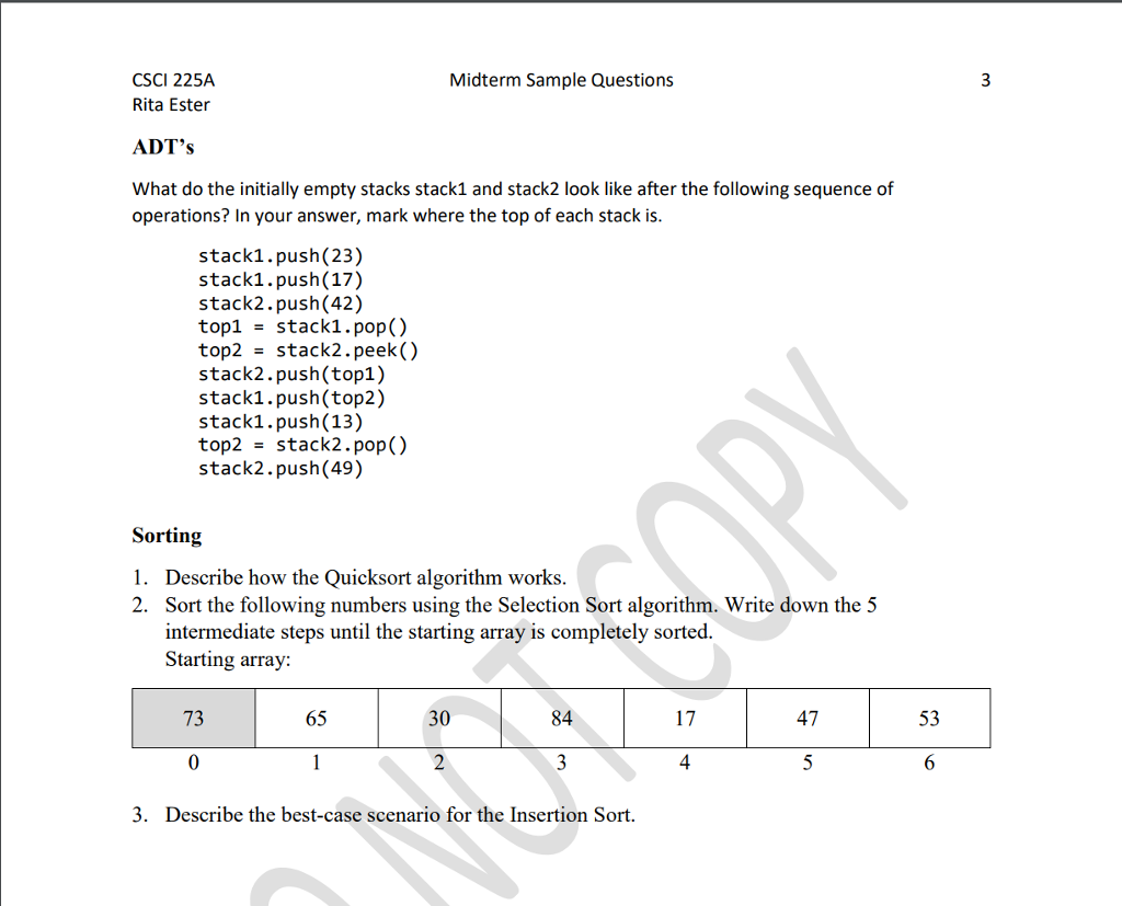 Solved CSCI 225/A Midterm Sample Questions Rita Ester ADT's | Chegg.com