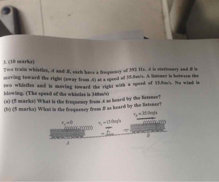 Solved Two train whistles, A and B, each have a frequency of | Chegg.com