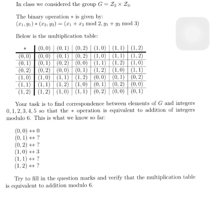 Solved In class we considered the group G = Z_2 times z_3. | Chegg.com