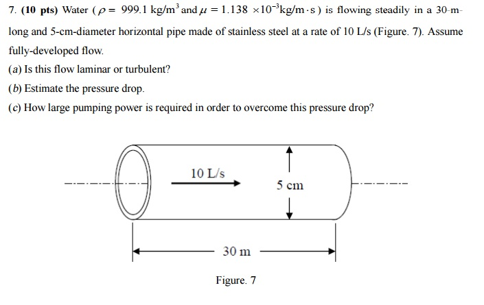 Solved Water (rho = 999.1 kg/m^3 and mu = 1.138 Times 10^-3 | Chegg.com