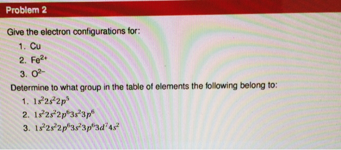 Give the electron configurations for: Cu Fe2+ O2-. | Chegg.com