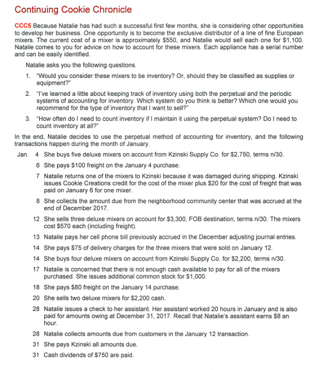 Solved Continuing Cookie Chronicle CCC5 Because Natalie has | Chegg.com