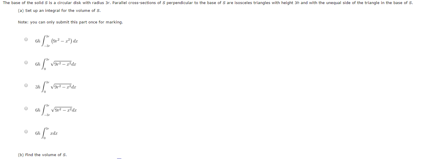 Solved The base of the solid S is a circular disk with | Chegg.com