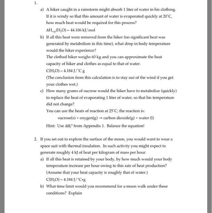 Solved A hiker caught in a rainstorm might absorb 1 liter of | Chegg.com