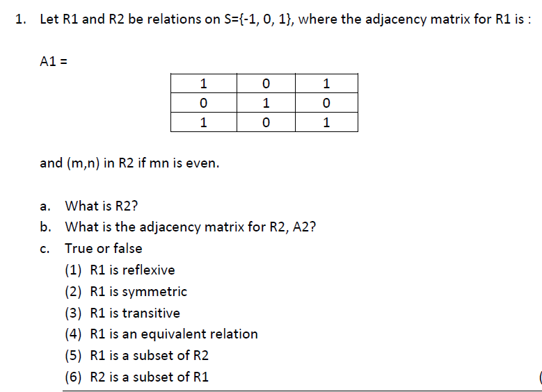Solved 1. Let R1 and R2 be relations on S{-1, 0, 1), where | Chegg.com