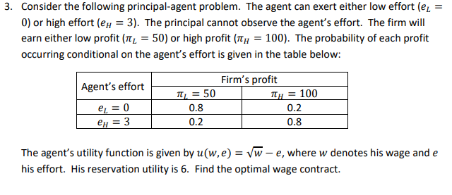 3. Consider the following principal-agent problem. | Chegg.com