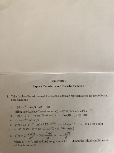 Solved Homework 1 Laplace Transform and Transfer Function I. | Chegg.com
