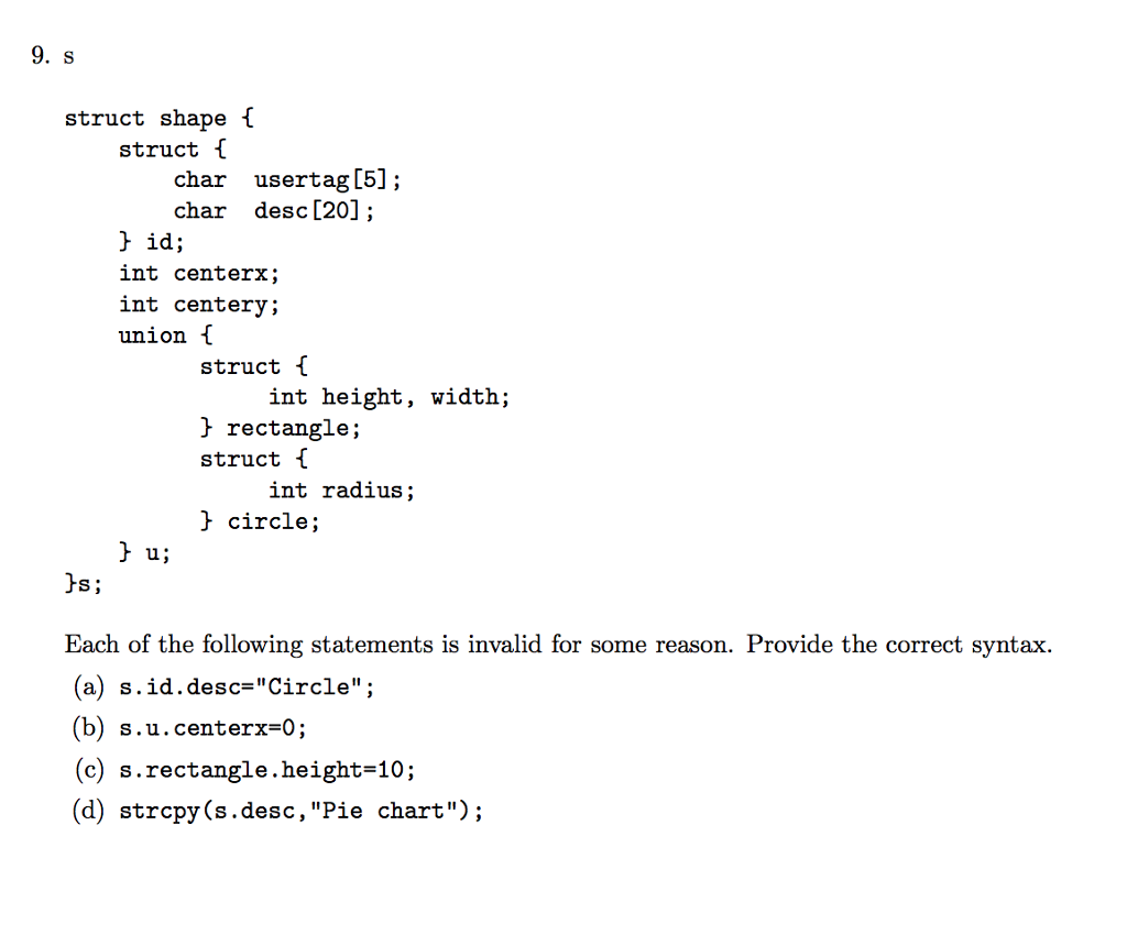 Solved struct shape 1 struct char usertag[5]; char desc | Chegg.com