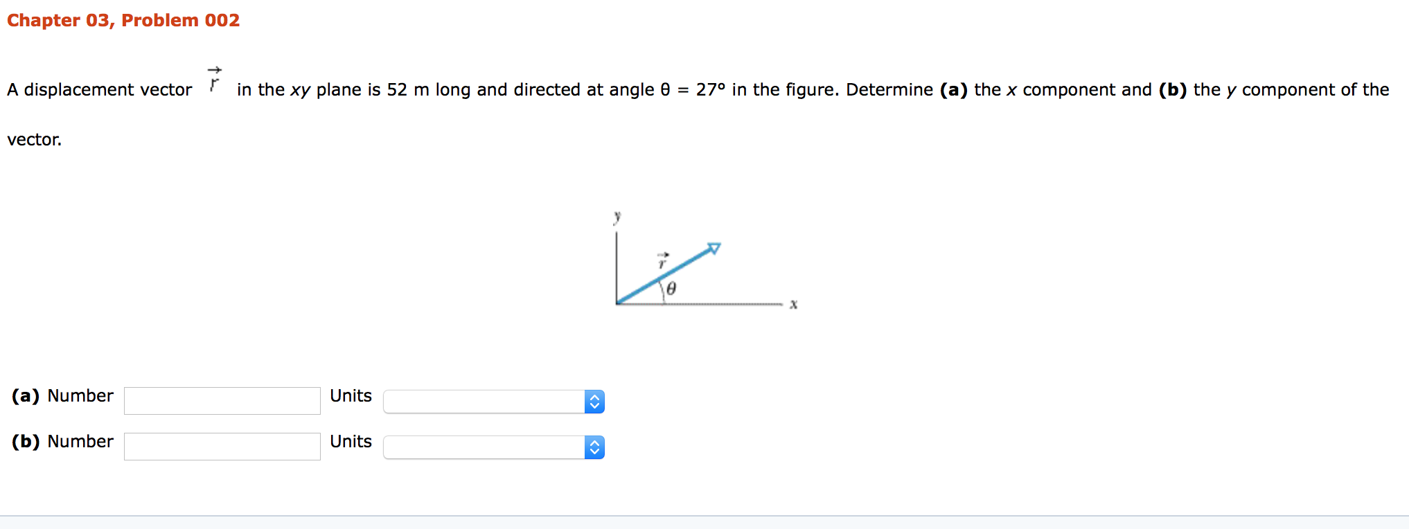Solved A displacement vector r in the x y plane is 52 m long | Chegg.com