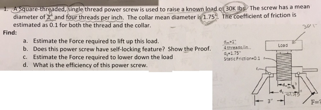 Solved A square threaded, single thread power screw is used | Chegg.com