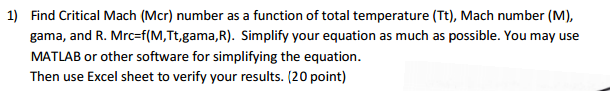 1) Find Critical Mach (Mcr) number as a function of | Chegg.com