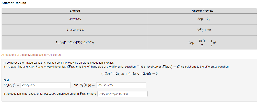 Solved Attempt Results Entered Answer Preview 3ry+2y 3z2y 1 | Chegg.com