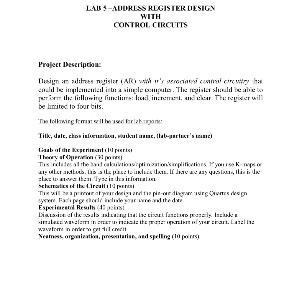LAB 5-ADDRESS REGISTER DESIGN WITH CONTROL CIRCUITS | Chegg.com