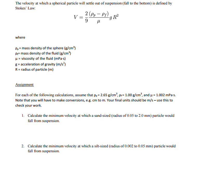 Solved The velocity at which a spherical particle will | Chegg.com