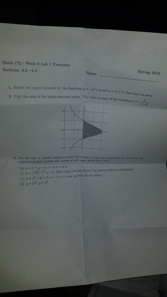 Solved Math 172 - Week 2 Lab 1 Exercises Spring 2018 | Chegg.com