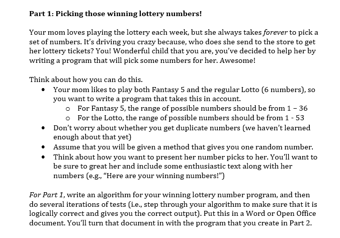 Solved Part 1: Picking those winning lottery numbers! Your | Chegg.com