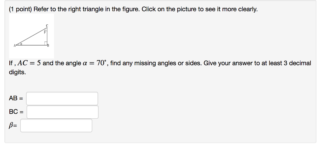 Solved (1 point) Refer to the right triangle in the figure. | Chegg.com
