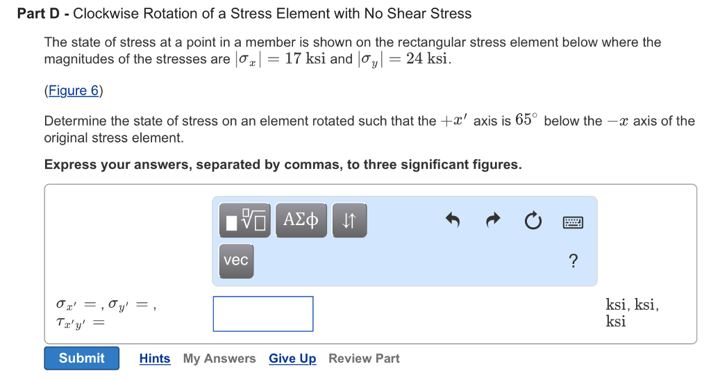 Solved Part D Clockwise Rotation of a Stress Element with No | Chegg.com