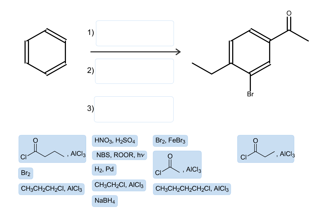 Solved 1) 2) Br 3) HNO3, H2SO4 Br2, FeBr3 AICl3 , AICI3 NBS, | Chegg.com