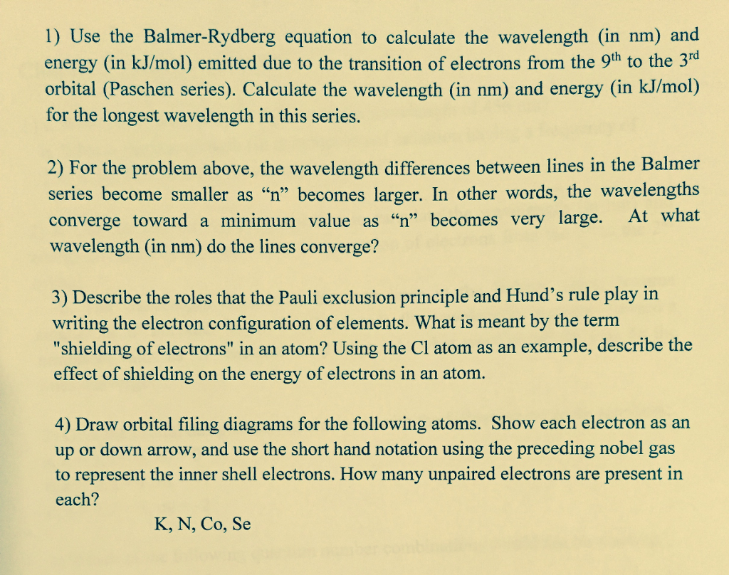 Solved 1) Use the Balmer-Rydberg equation to calculate the | Chegg.com