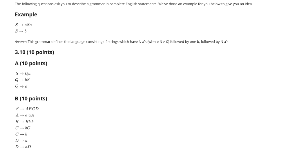 Solved The following questions ask you to describe a grammar | Chegg.com