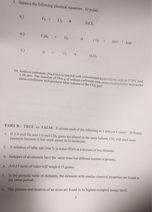 Solved 9. Balance the following chemical equations. 10 | Chegg.com