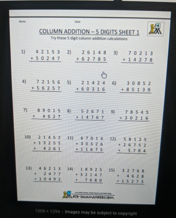 Solved Name Date COLUMN ADDITION-5 DIGITS SHEET 1 Try these | Chegg.com
