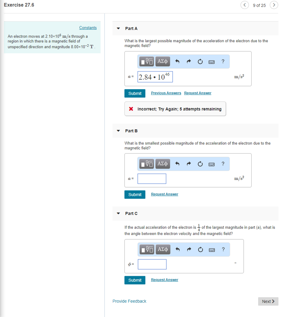 Solved Exercise 27.6 9 of 25 Constants Part A An electron | Chegg.com