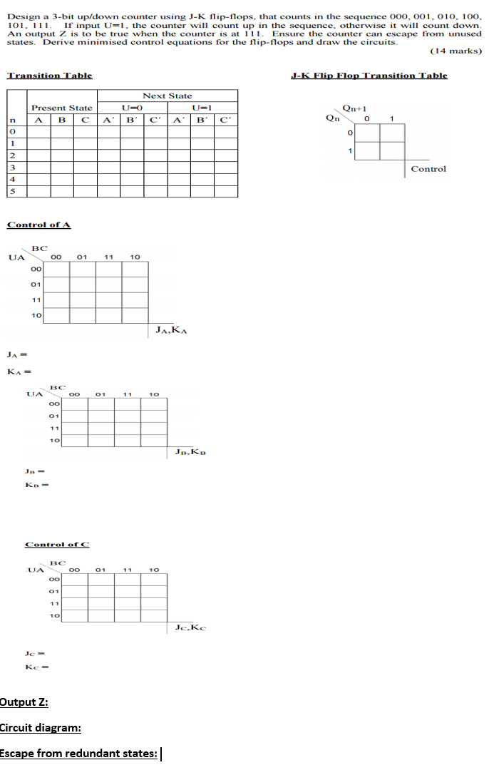 Solved Design a 3-bit up/down counter using J-K flip-flops, | Chegg.com