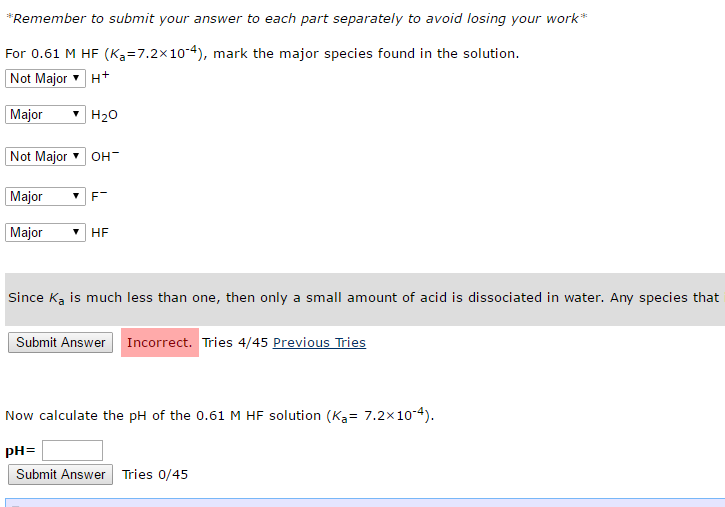 Solved For 0.61 M HF (K_a = 7.2 times^-4), mark the major | Chegg.com
