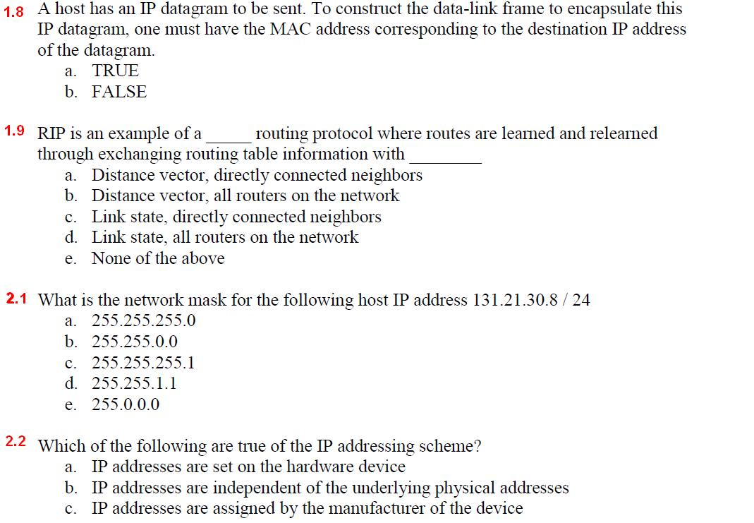 1.8 A host has an IP datagram to be sent. To | Chegg.com