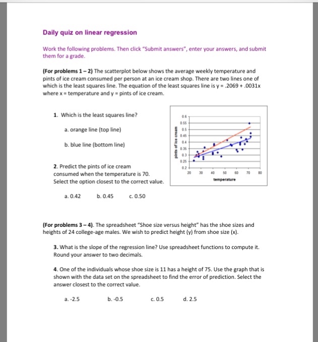 Solved: Daily Quiz On Linear Regression Work The Following... | Chegg.com