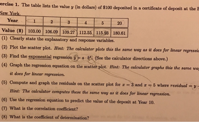 Solved The table lists value y (in dollars) of $100 | Chegg.com
