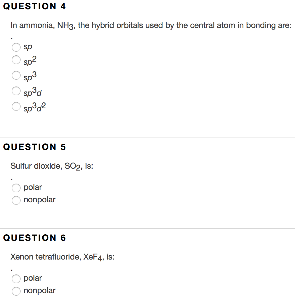 Solved QUESTION 1 Ammonia, NH3, is polar nonpolar QUESTION 2 | Chegg.com
