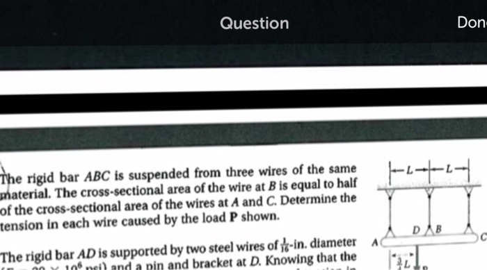 Solved The rigid bar ABC is suspended from three wires of | Chegg.com