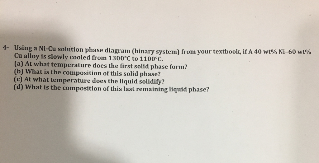 Solved 4- Using a Ni-Cu solution phase diagram (binary sy Cu | Chegg.com