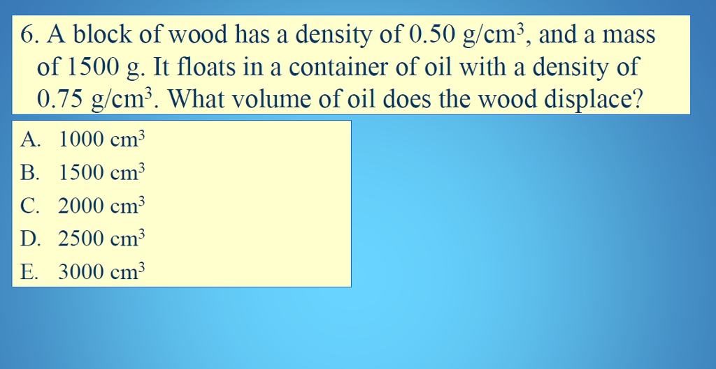 Solved 6 A Block Of Wood Has A Density Of 0 50 G cm3 And A Chegg