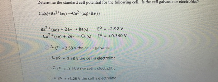 Solved Determine the standard cell potential for the | Chegg.com